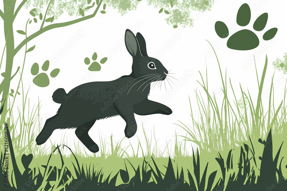 Black rabbit running through green grass with tree and paw prints in ...