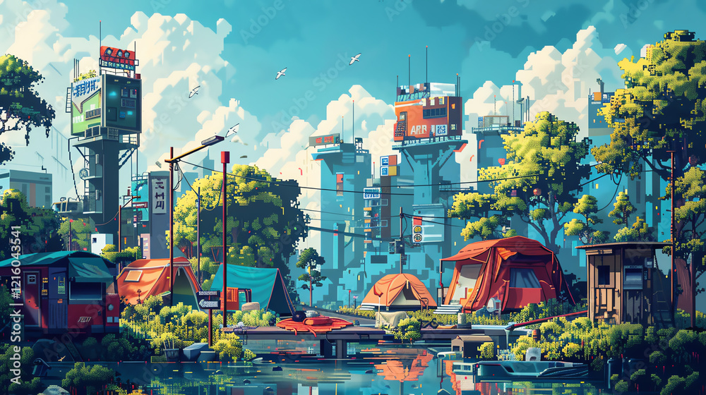 Illustrate a pixel art scene of unexpected camera angles in a whimsical ...