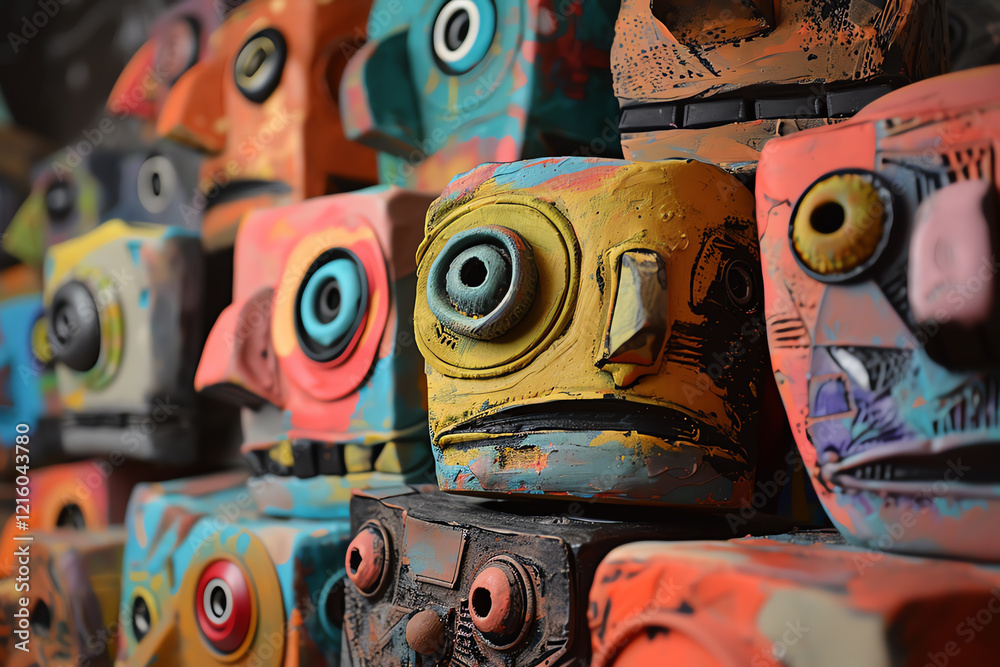 Illustrate a vivid clash of colors and shapes in a clay sculpture ...