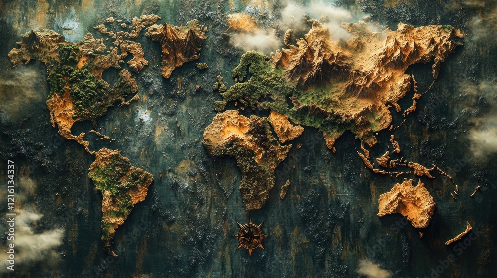 Detailed topographic map of the world with a compass for exploration ...