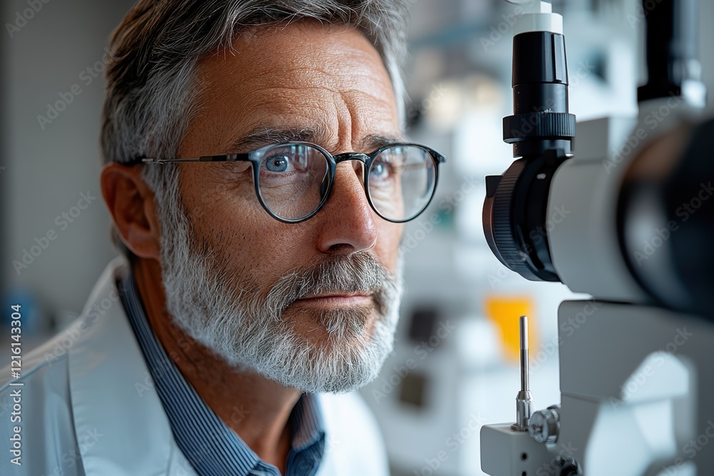 Eye surgeon explaining cataract surgery to a patient using an ...