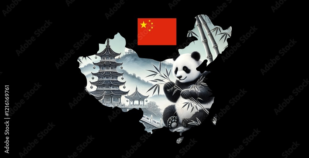China map shape travel poster jpg illustration of Chinese painting ...