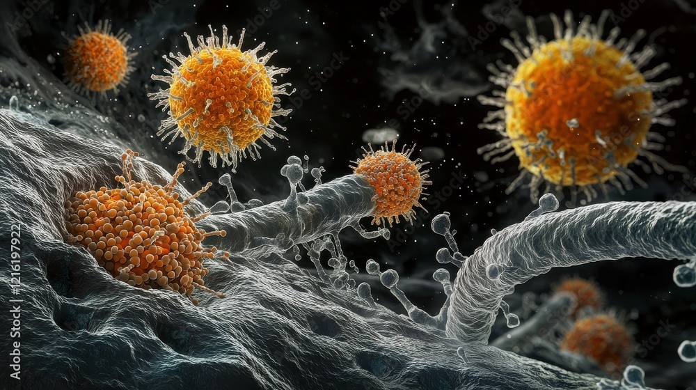 Hmpv virus attaching to human cell receptors closeup imagery scientific ...