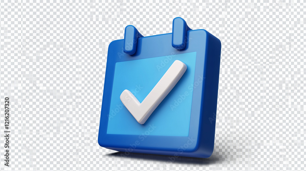 3D blue calendar icon with white checkmark representing completed task ...