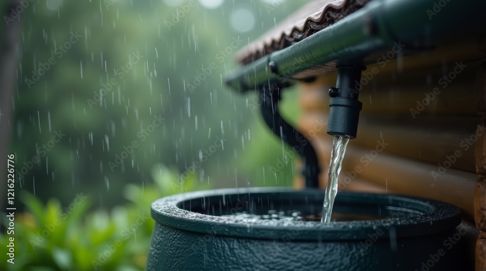 Close-up of a water collection system with a gutter leading to a rain ...