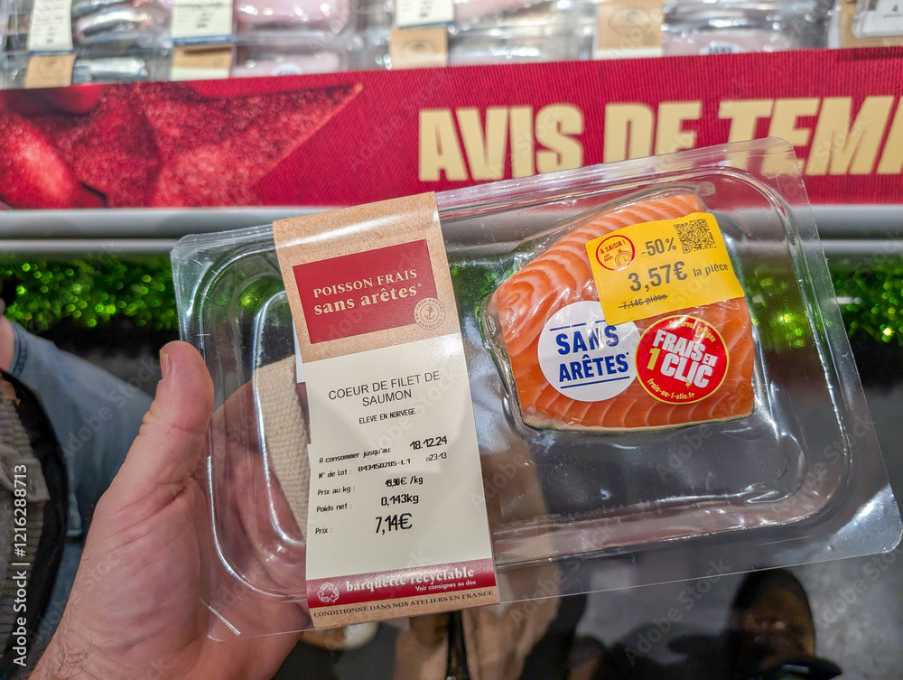 France, 16 December 2024 : Salmon fillet packaging with French labels ...