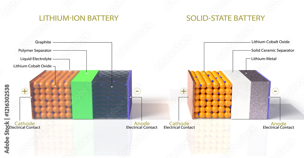 The structure of lithium-ion and solid-state batteries. 3D render Stock ...