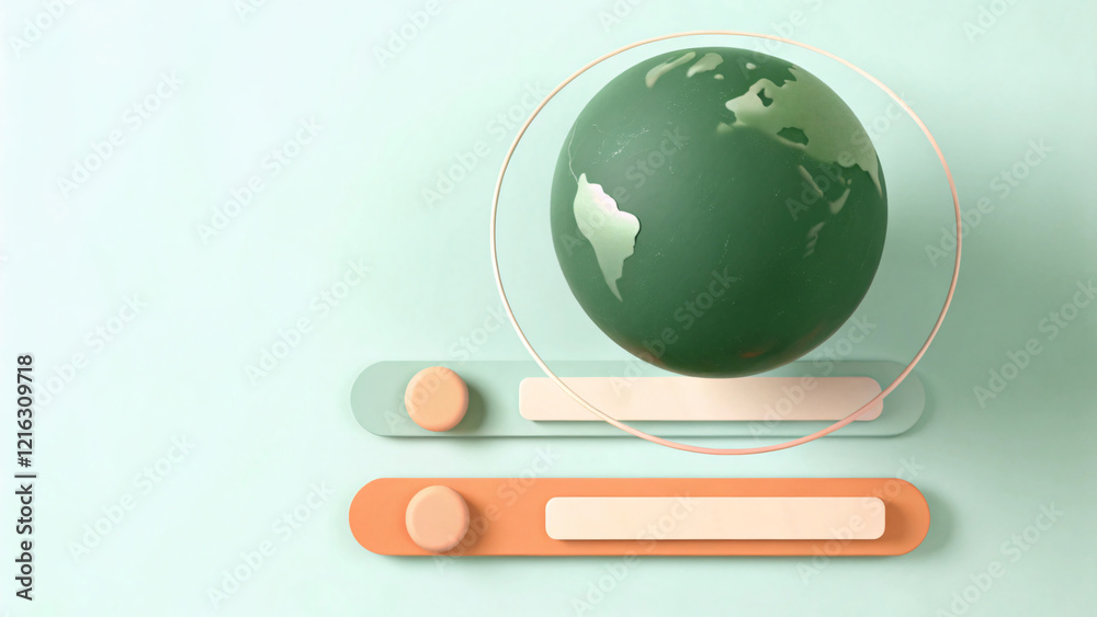 3D illustration of green globe on sliders, representing global settings ...