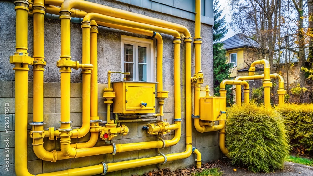 Exterior Residential Gas Pipeline Installation: Yellow Pipes, Meter Box ...