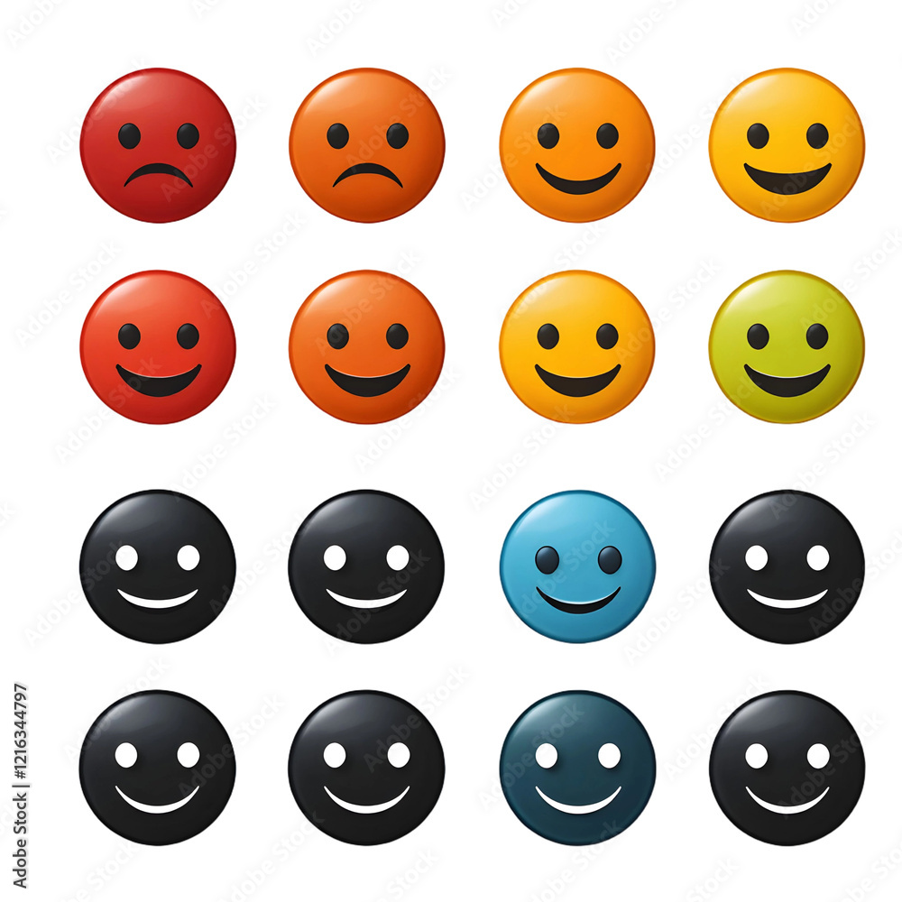 A collection of 16 round smiley faces with various colors and ...