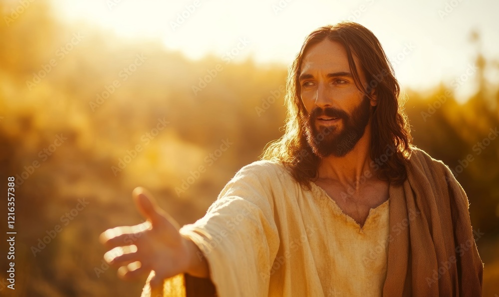 Jesus Christ reaching out with open hands, blurred background, warm ...