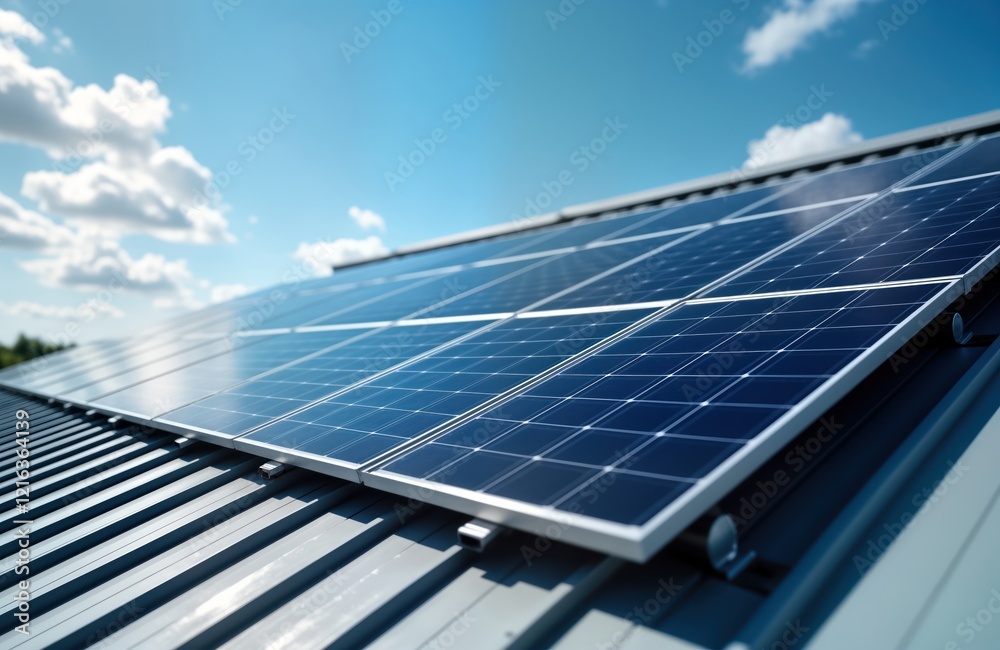 Solar panels installed on building roof under clear sky. Modern energy ...