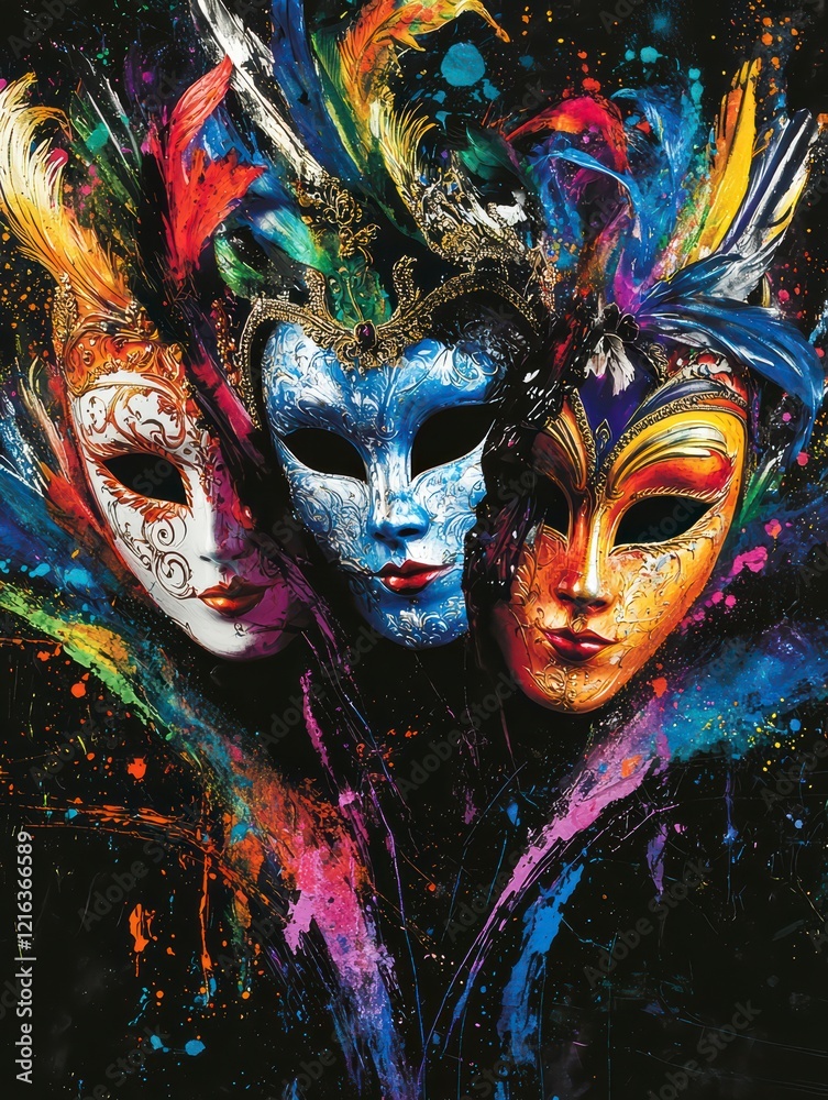 Venetian Masquerade: Three vibrant, ornate Venetian masks, each in a ...