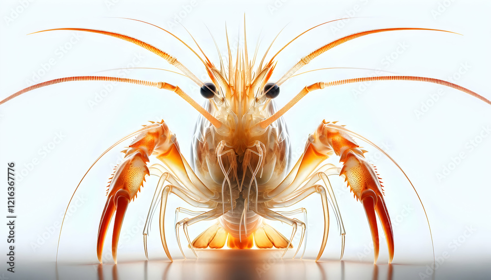Food A front-facing close-up of a shrimp, focusing on its head ...