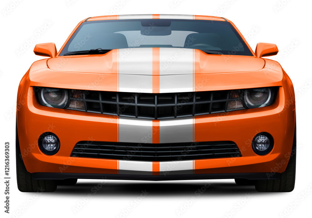 Powerful American orange muscle car front view. With white stripes in ...