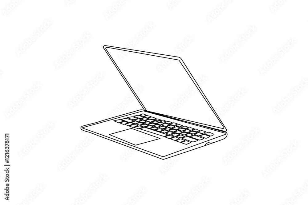 Continuous sketch of a laptop computer line art design with open screen ...