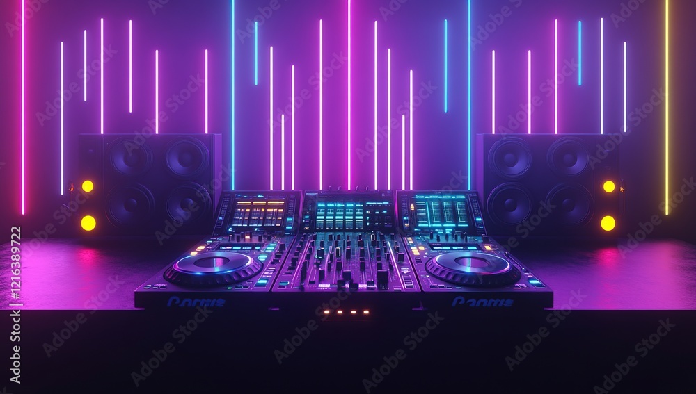 Neon Lights Illuminate DJ Setup with Mixers, Decks, and Speakers for an ...