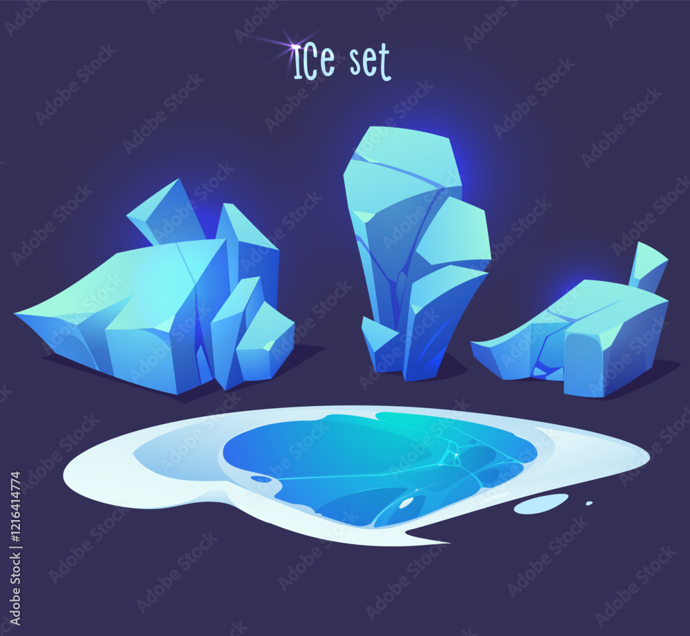 Glaciers and frozen lake. Ice objects for landscape. Cartoon Vector of ...