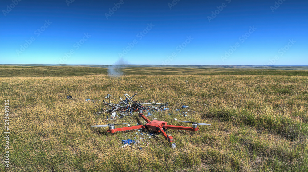Aerial view of a crashed drone in a grassy field with scattered debris ...