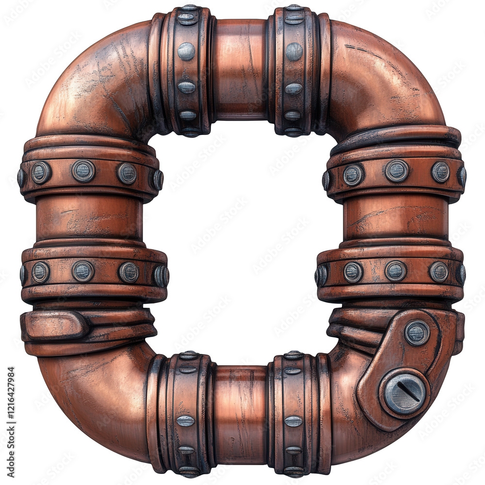 Copper pipe letter O, industrial design, white background, alphabet ...