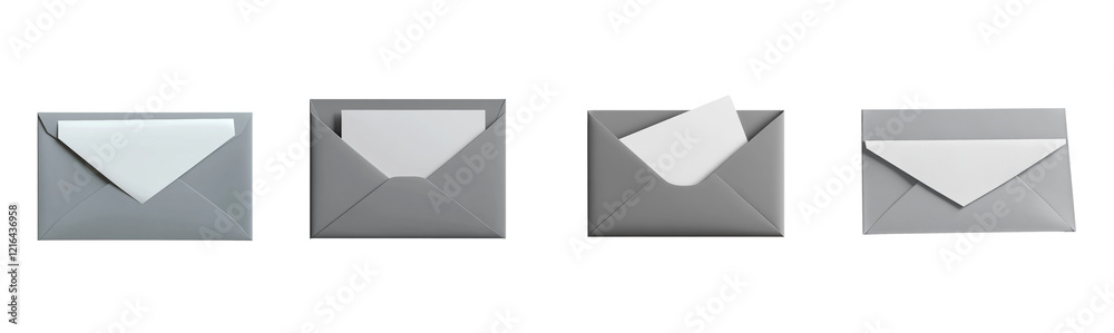 Foto de Stock Four grey envelopes are shown with white paper inserts in ...