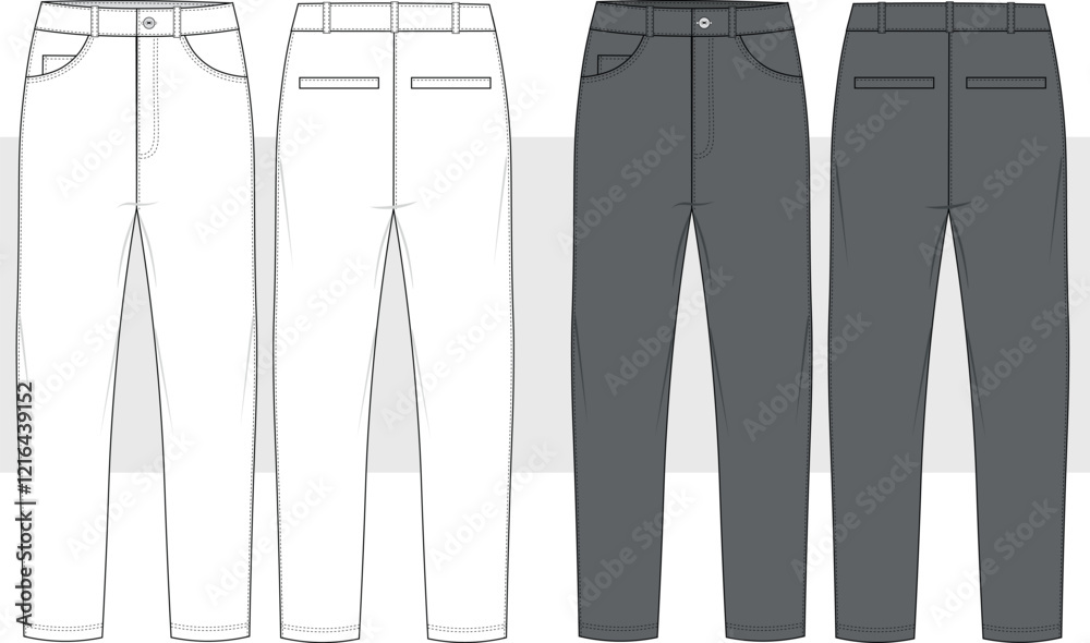 Men's Casual chino trouser pant front and back view flat sketch fashion ...