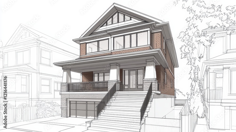 Architectural Design of a Two-Story Brick House with Porch and Garage ...