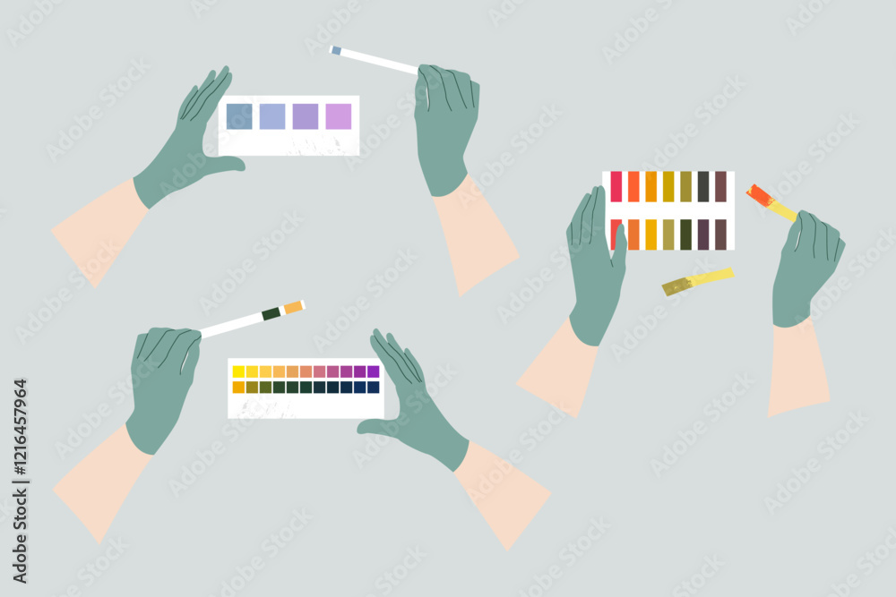 Reagent test strips. Scientist's hand in glove holding test strip ...