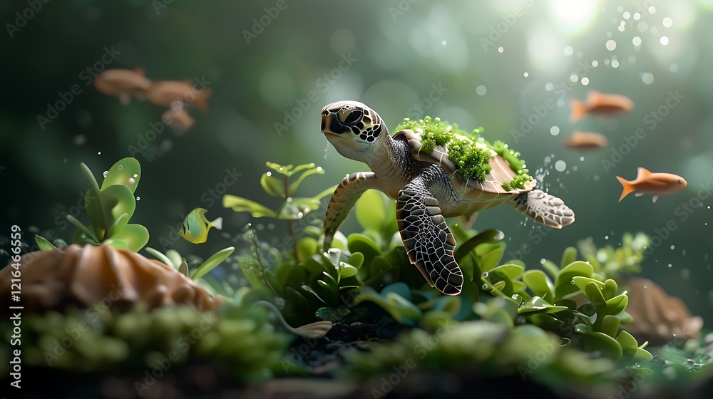 Baby sea turtle swims, plants, fish, underwater, nature, ocean ...
