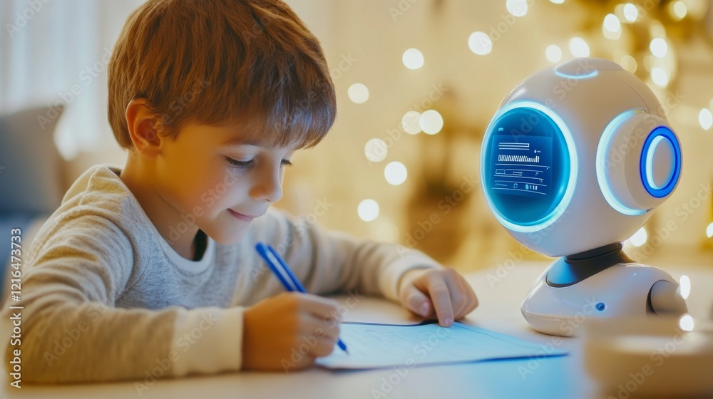 Schoolboy engages with a social robot projecting study material in a ...