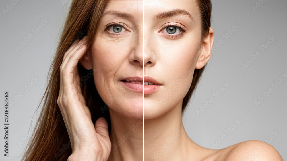 Age comparison concept. Same face portrait young and aged. Face split ...