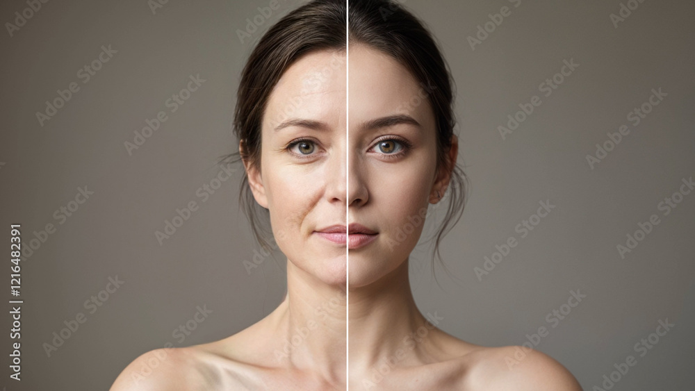 Age comparison concept. Same face portrait young and aged. Face split ...