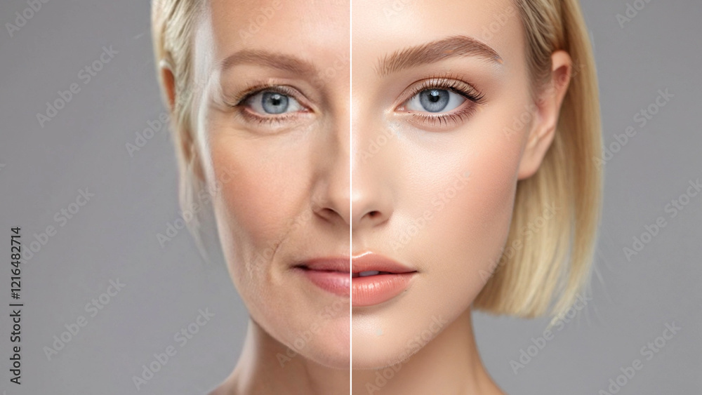 Same face portrait young and aged. Face split of an old and young women ...