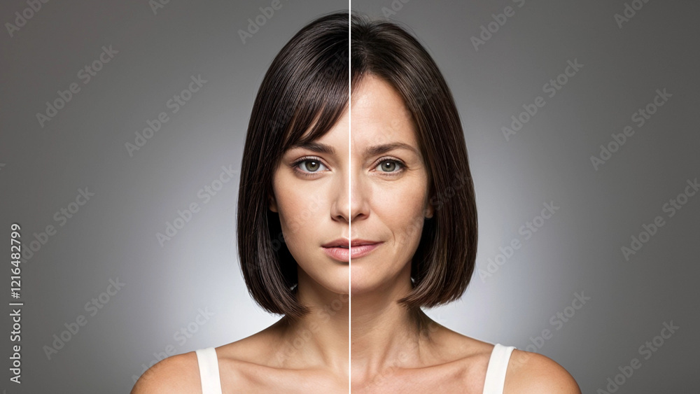 Same face portrait young and aged. Face split of an old and young women ...