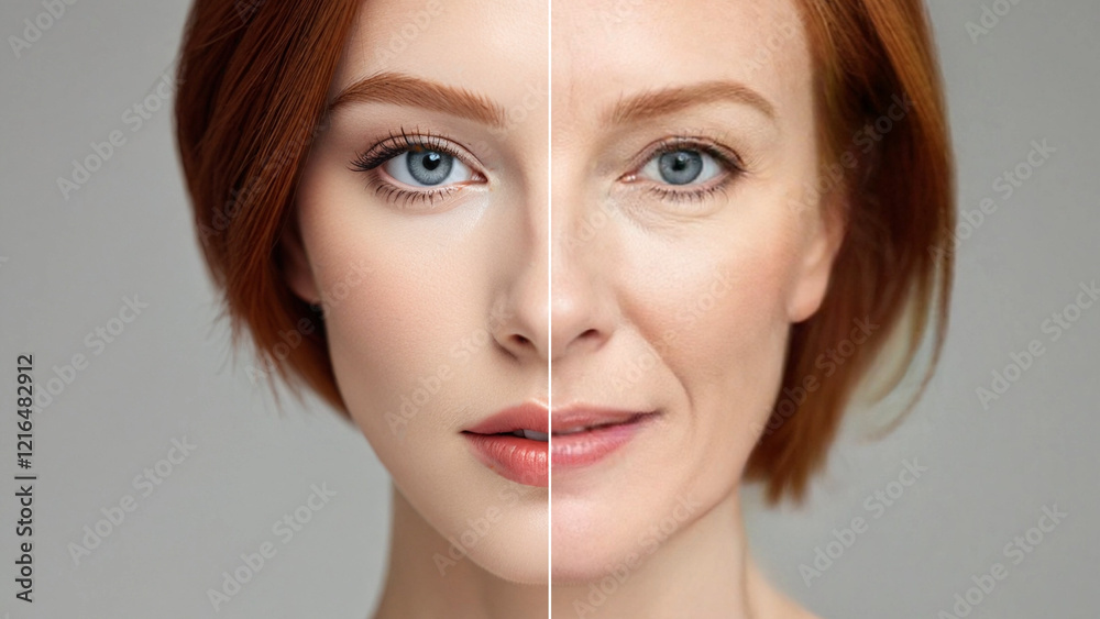 Same face portrait young and aged. Face split of an old and young women ...