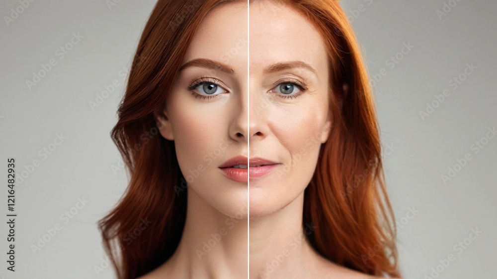 Stock-Foto „Same face portrait young and aged. Face split of an old and ...