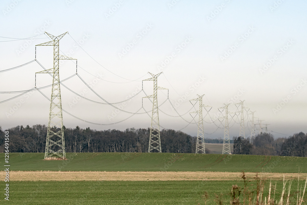 Electricity transmission towers. Energy infrastructure concept. High ...