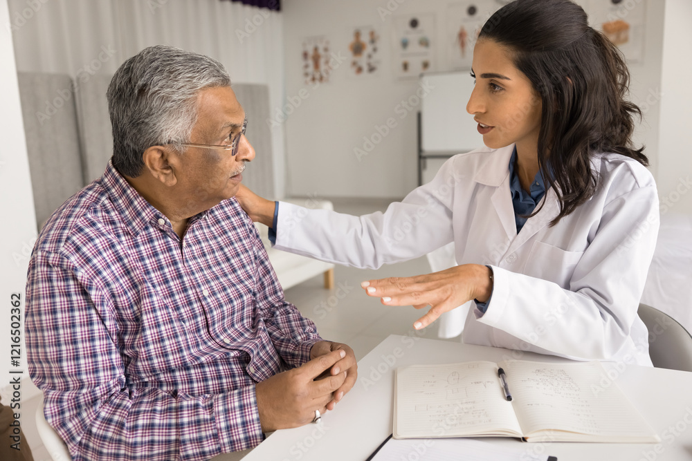 Emotional support. Caring young female doctor nurse medical worker hold ...