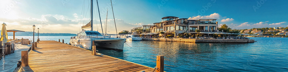 Beautiful harbor with boat and waterfront restaurants at sunset Stock ...