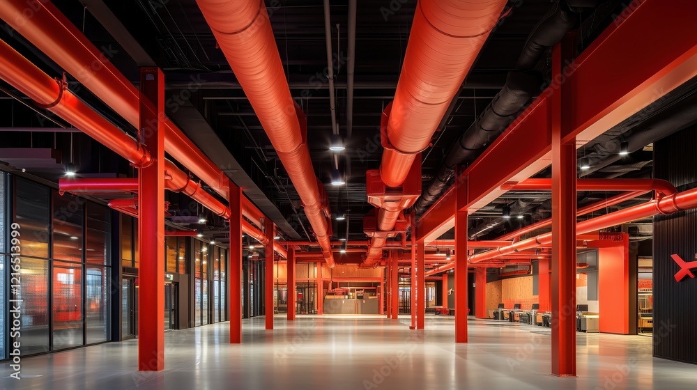 Red metal beams stand boldly, supporting the vast commercial space ...