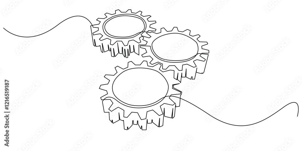 Continuous Line Of Interlocking Gears One Line Drawing Of Interlocking Gears Single Line Vector