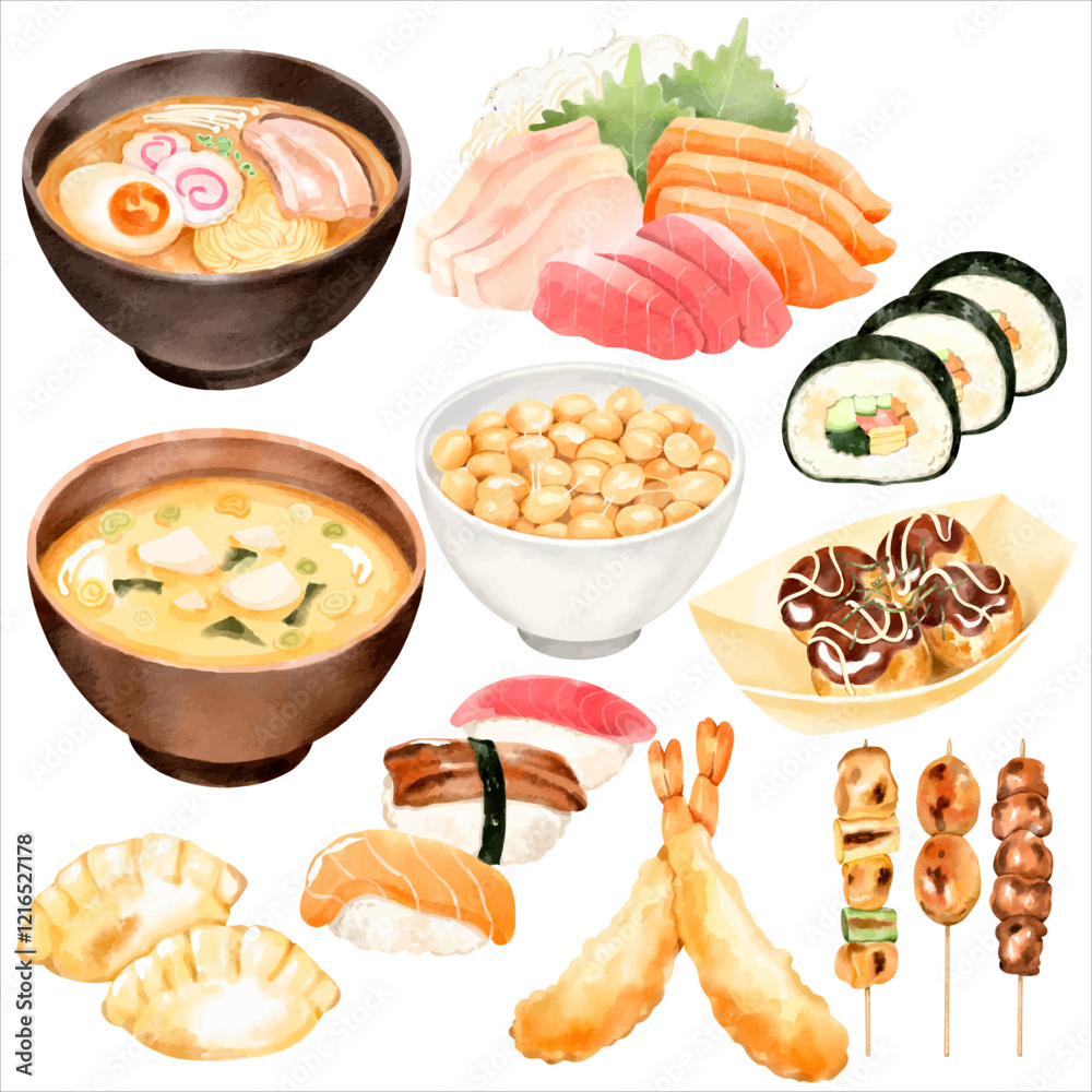 Stockvector Beautiful Watercolor Japanese Food Illustrations: Hand ...