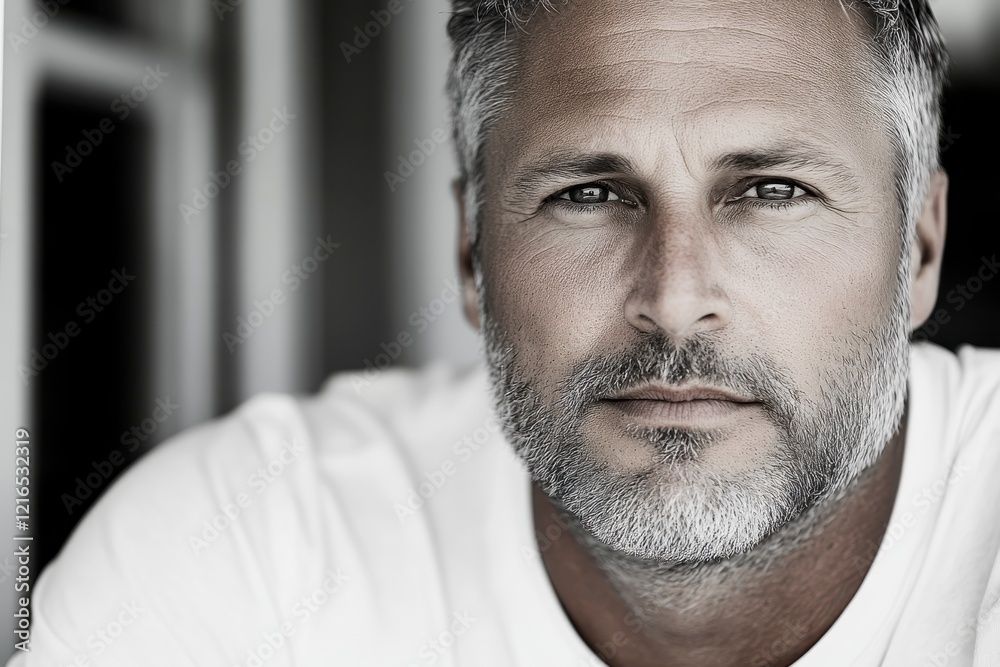 This black and white portrait captures the focused expression of a ...