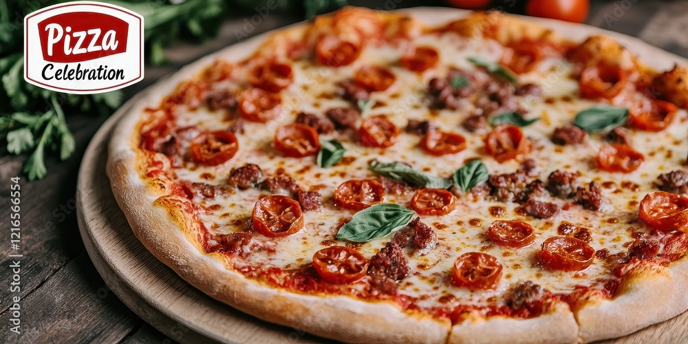 National pizza day celebration and festival idea. Delicious pizza with ...