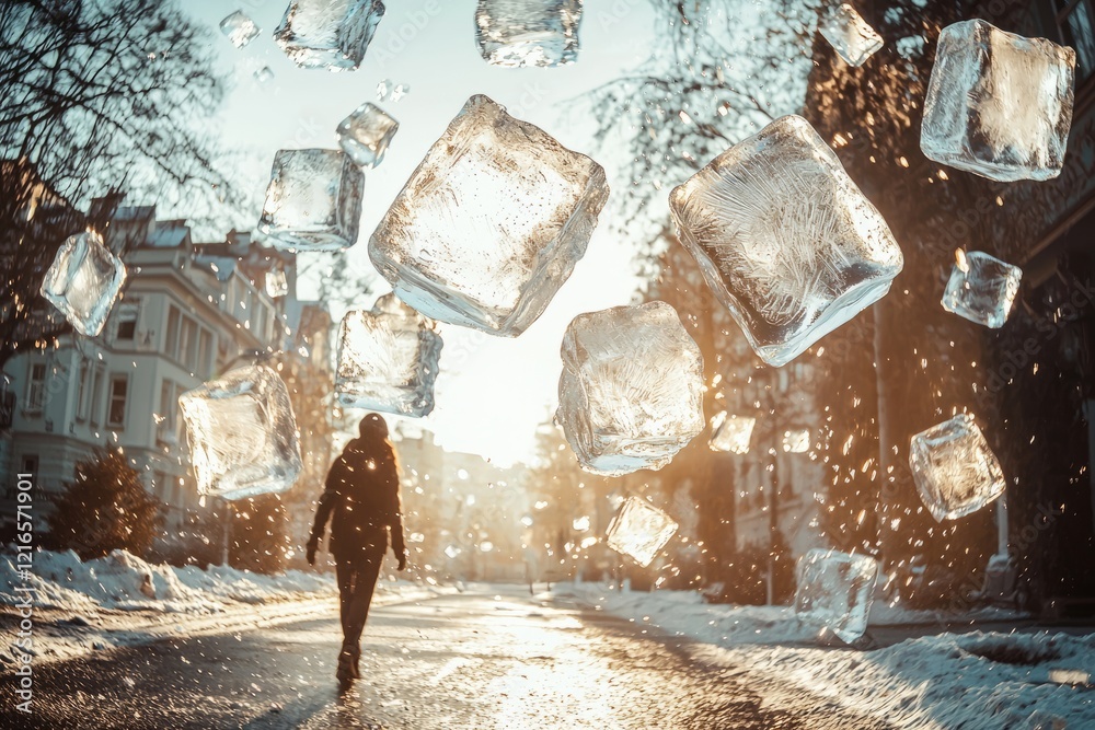 Surreal walk through a sparkling world of floating ice blocks at dusk ...