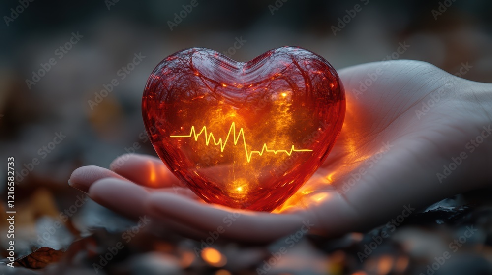 Heart of Life. A glowing red glass heart, pulsating with life, is held ...