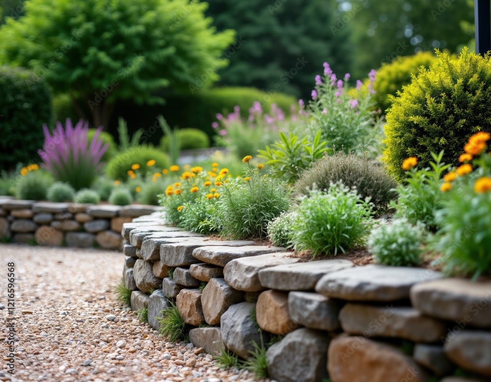Landscaped garden with curved stone retaining wall. Planting perennials ...