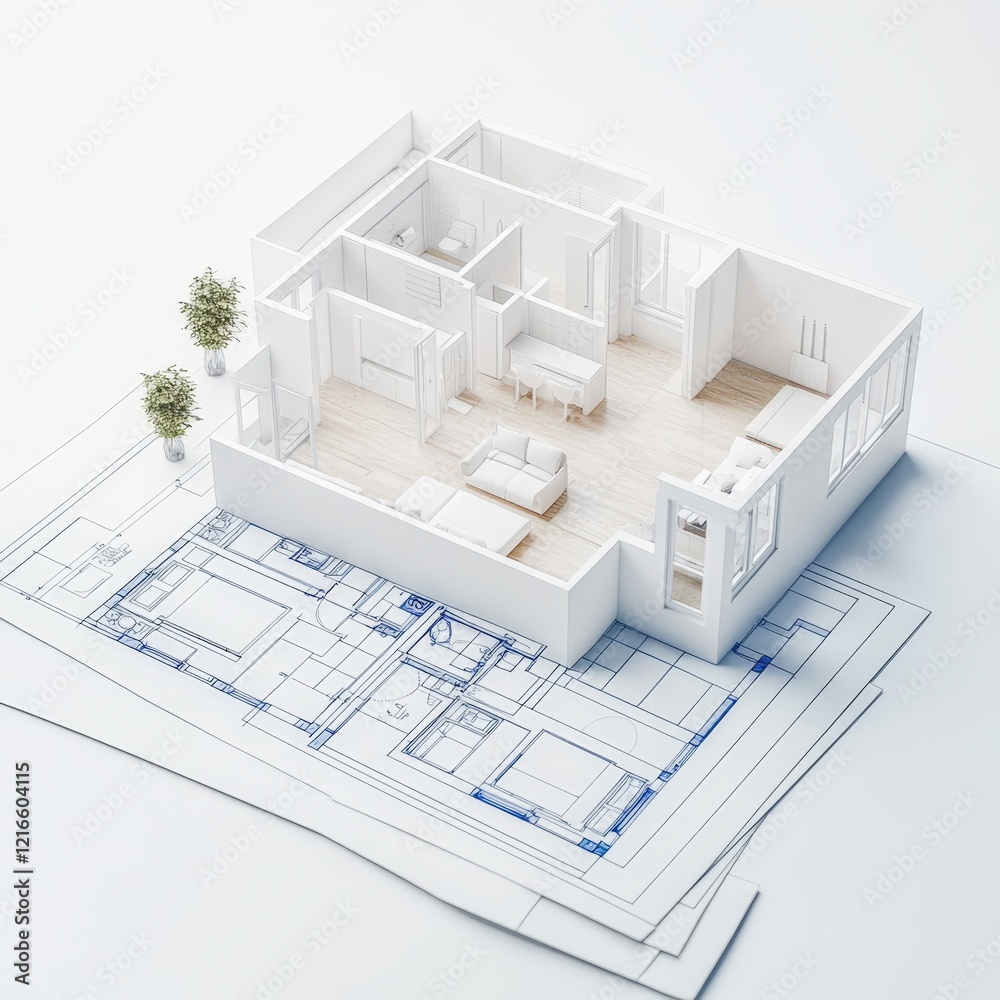 3d model of a house plan on blueprints Stock Illustration | Adobe Stock