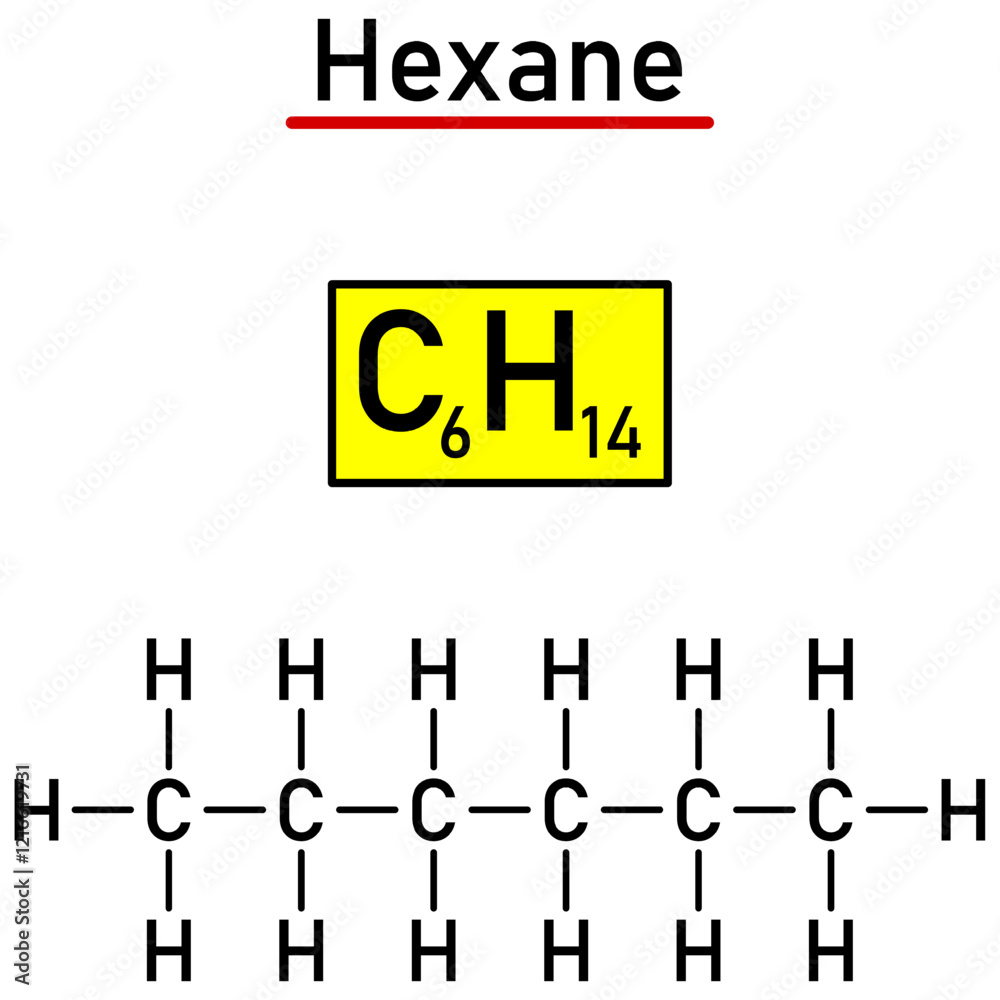 Chemical notation of the hexane molecule and its structural formula ...