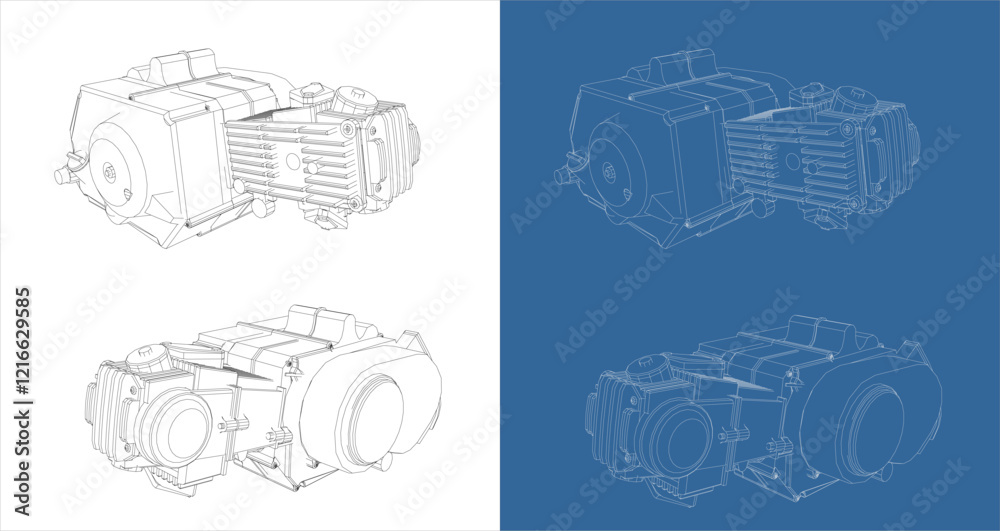 Isometric view Motorcycles engines 100cc line drawing technical ...